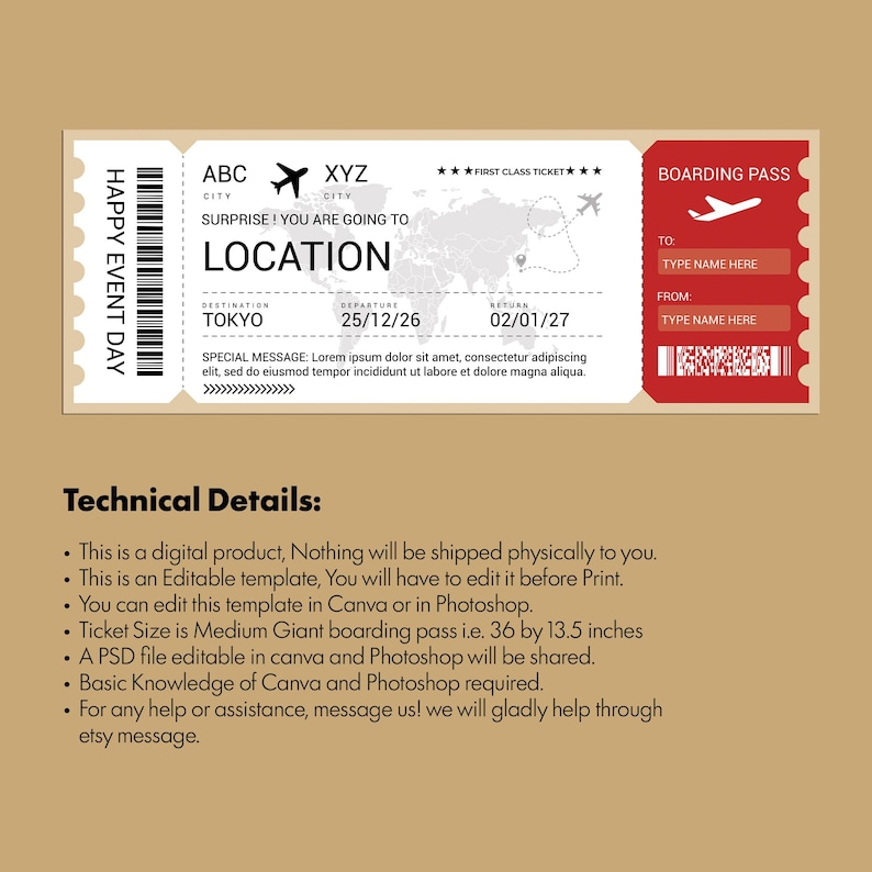 Editable Giant Boarding Pass Template | Surprise Travel Ticket (canva ...