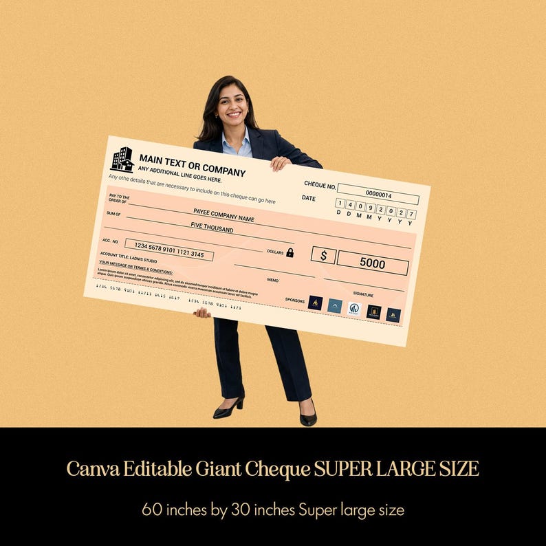 Giant Cheque Template | Editable Canva, Photoshop Prize Presentation ...