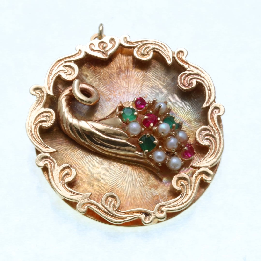 Vintage 14k Yellow Gold Cornucopia Pendant Brooch Ruby Emerald Pearl ...