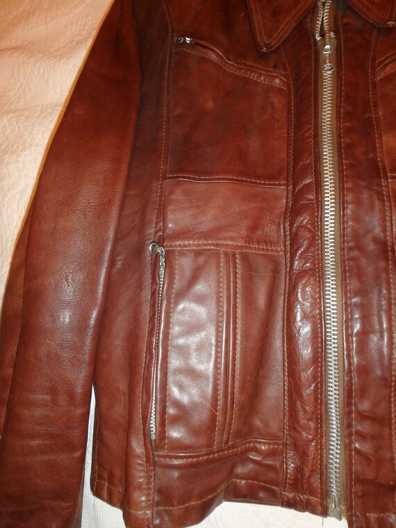 Brown Leather Biker Jacket By Cycle Rider Men's Small - Gem
