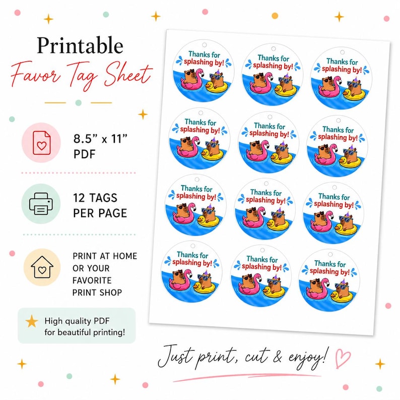 Capybara Pool Party Favor Tags, Birthday Thank You Tags (instant ...
