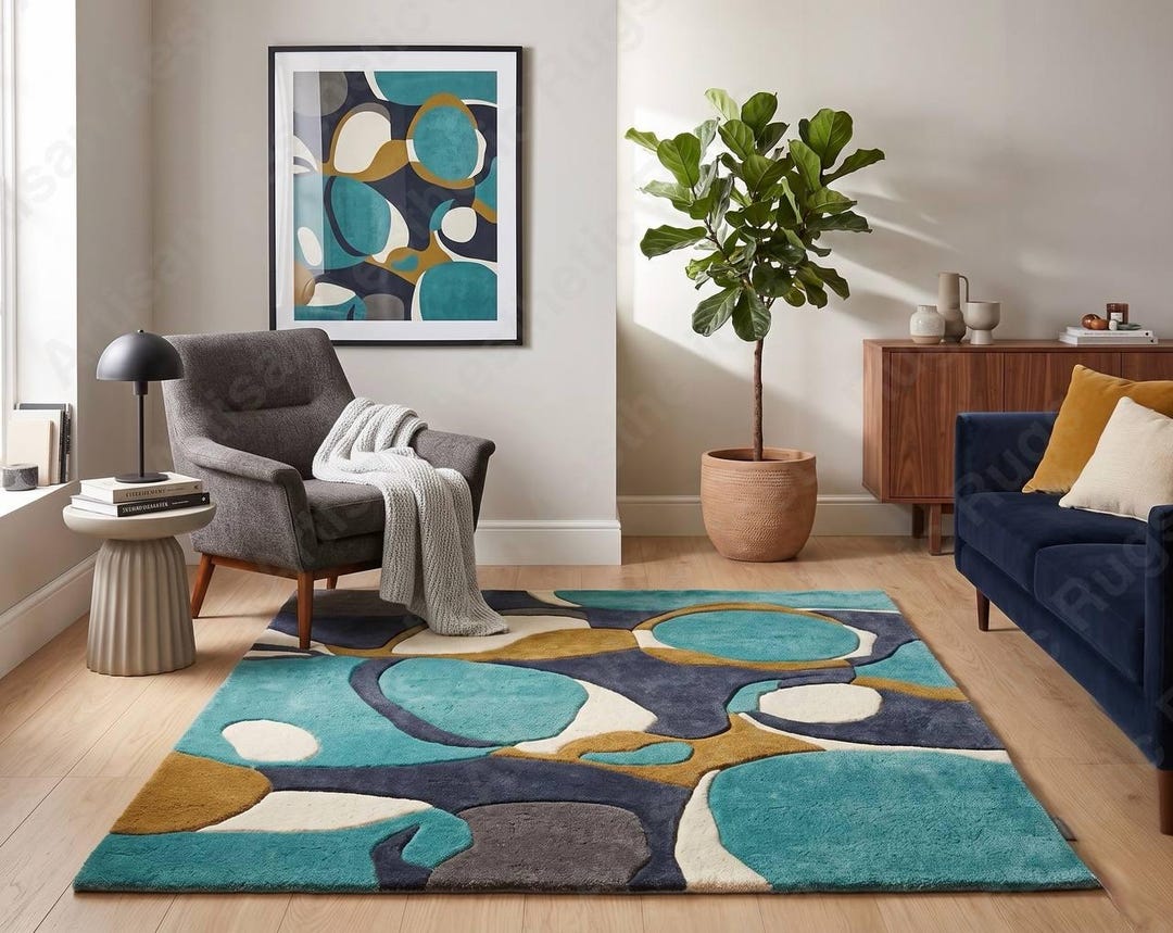Hand Tufted Wool Abstract Area Rug, Modern Mid Century Living Room ...