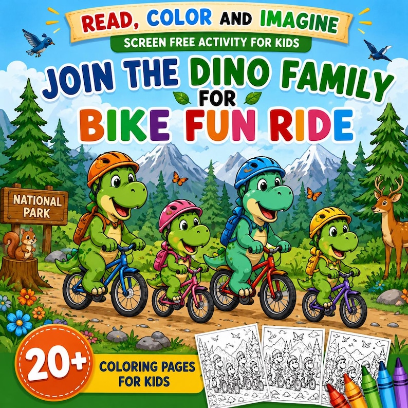 Dino Family Bike Ride Coloring Pages | 20+ Adventure Scenes (digital ...