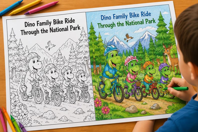 Dino Family Bike Ride Coloring Pages | 20+ Adventure Scenes (digital ...