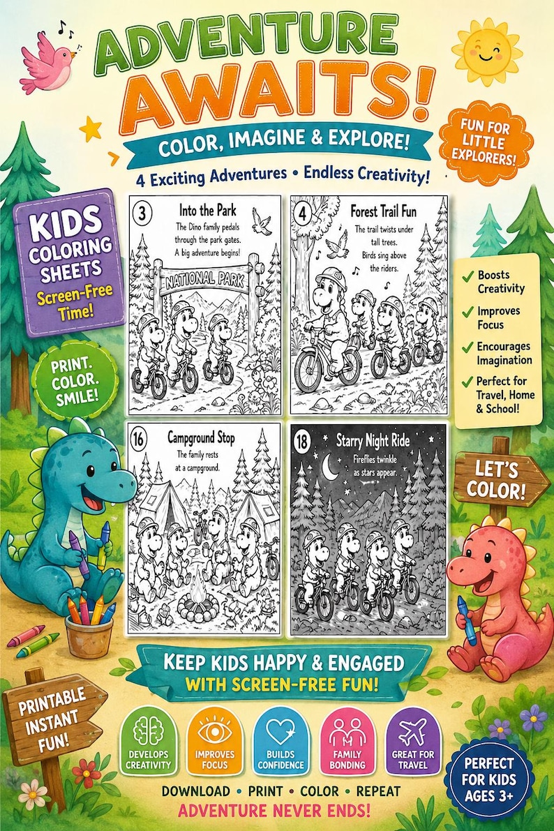 Dino Family Bike Ride Coloring Pages | 20+ Adventure Scenes (digital ...