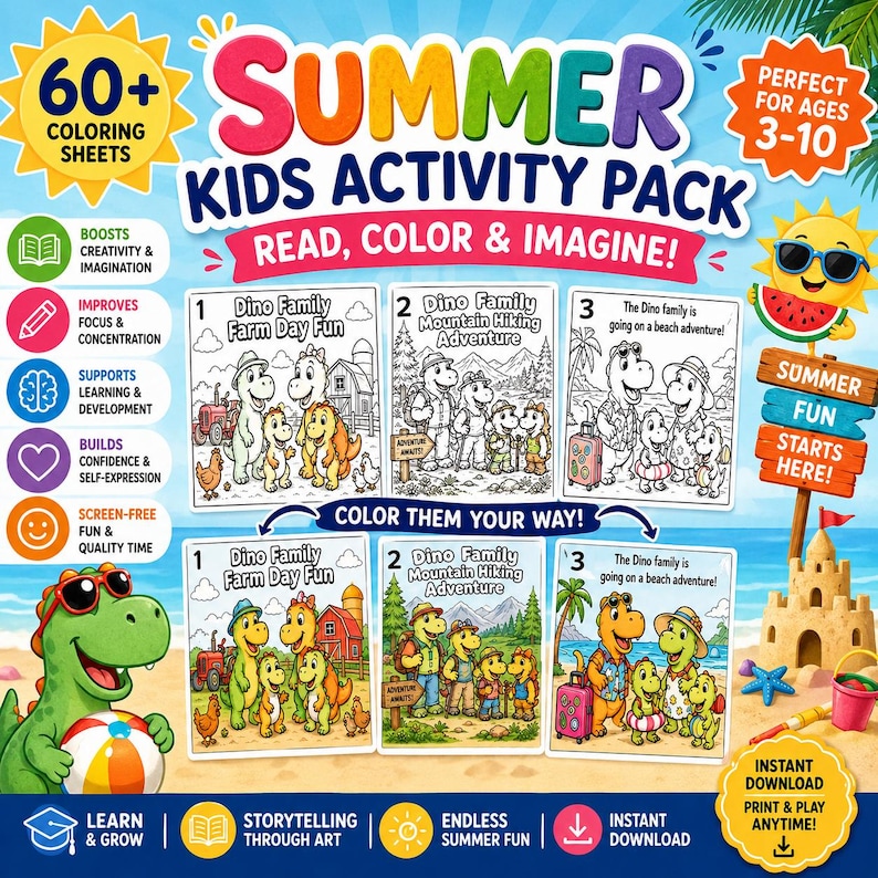 Dinosaur Summer Activity Pack | 3 Read & Color Stories, 60+ Sheets ...