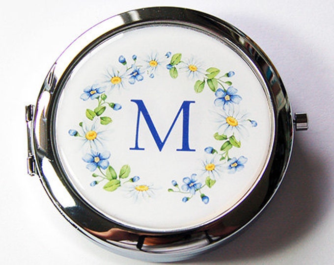 Pill Box With Mirror, Monogram Pill Case With Mirror, Daisy Wreath With ...