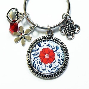 Flower Keychain, Floral Keyring, Asian Flower Design, Blue White Red ...