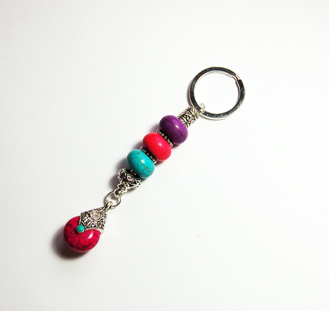 Pink Blue Purple Beaded Keychain, Tibetan Silver Style, Stone Bead ...