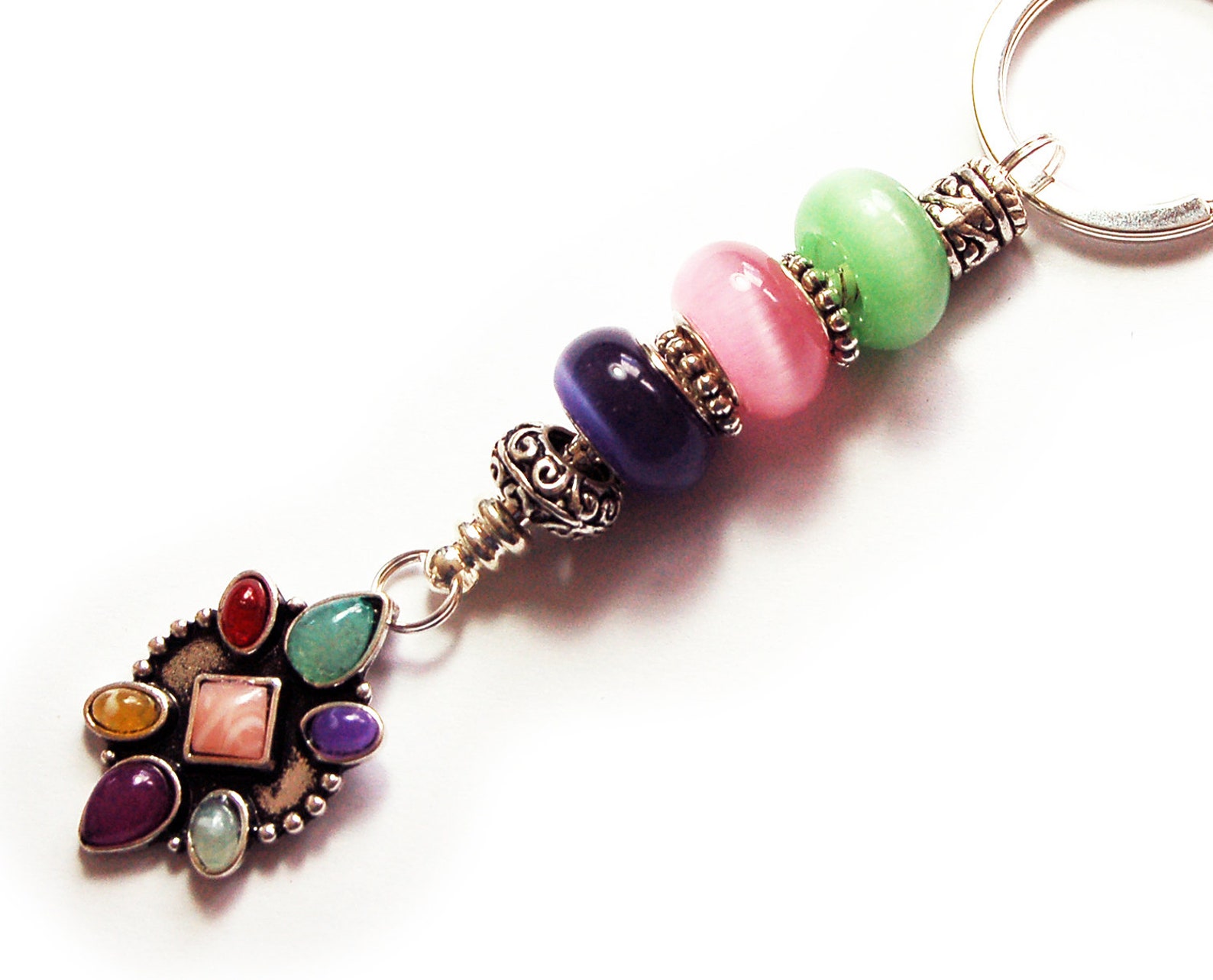 Glass Beaded Keyring in Purple Pink and Green Glass Bead - Etsy