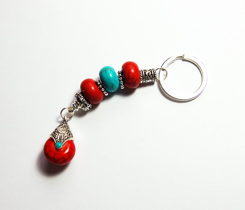 Red and Turquoise Blue Beaded Keychain Tibetan Silver Style - Etsy