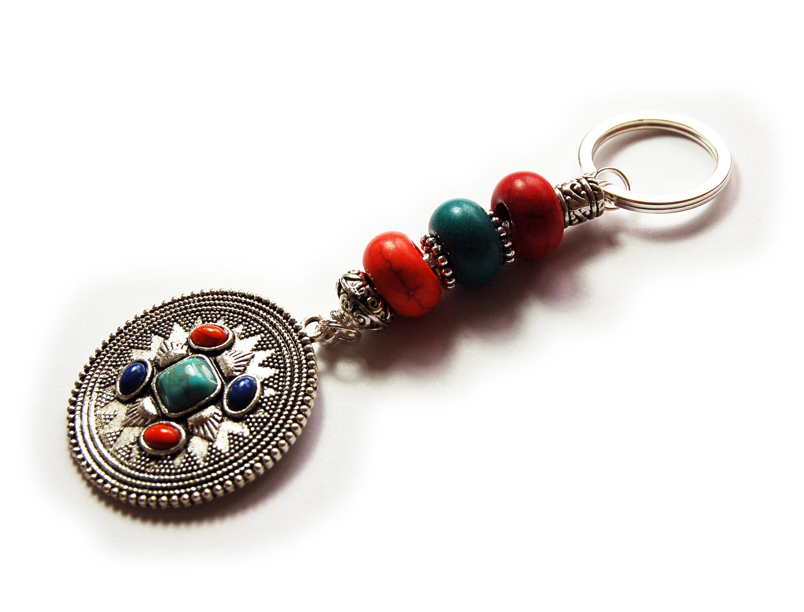 Beaded Keyring in Blue Orange and Red Tibetan Silver Style - Etsy