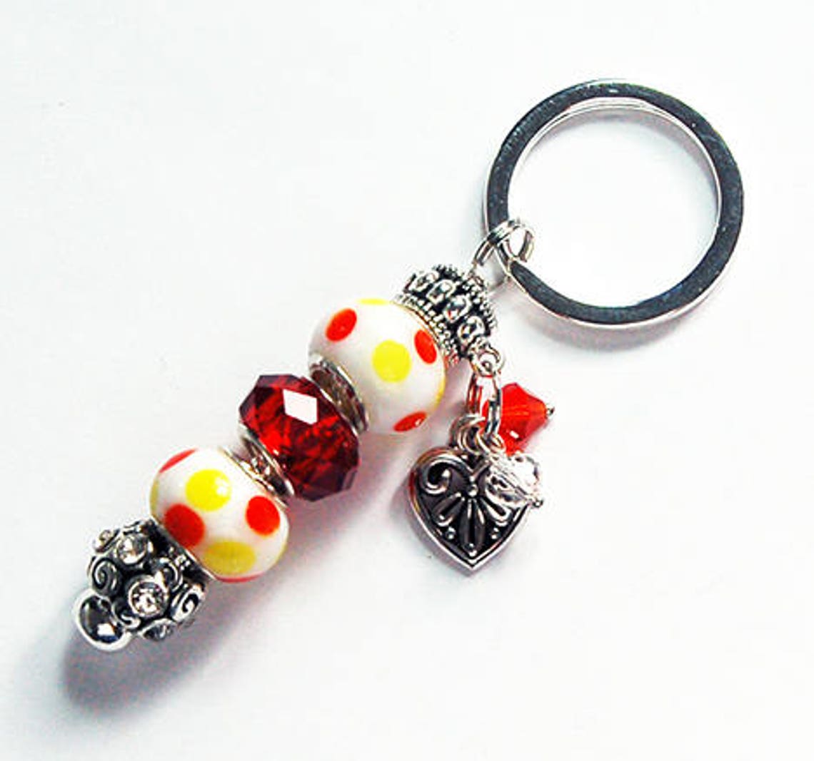 Polka Dot Keychain Lampwork Bead Keychain Red Yellow Dots - Etsy
