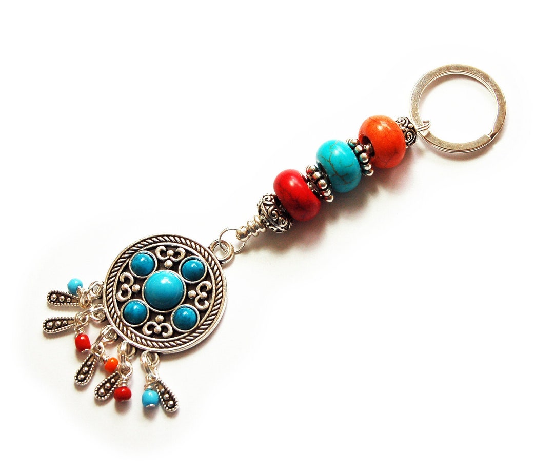 Colorful Beaded Keychain, Brightly Colored Stone Bead Keyring in ...
