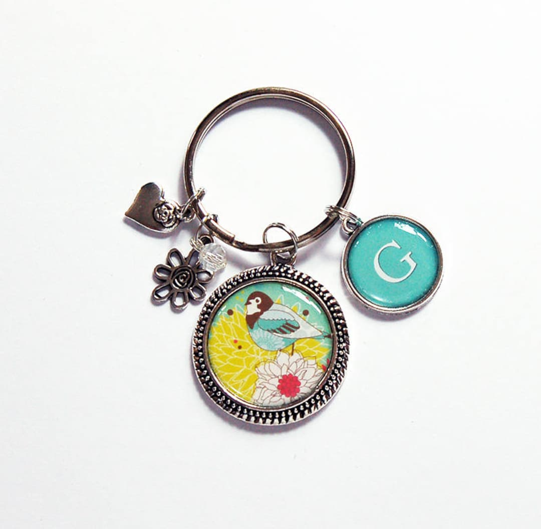 Flower & Bird Keychain Monogram Key Ring Initial Keychain - Etsy