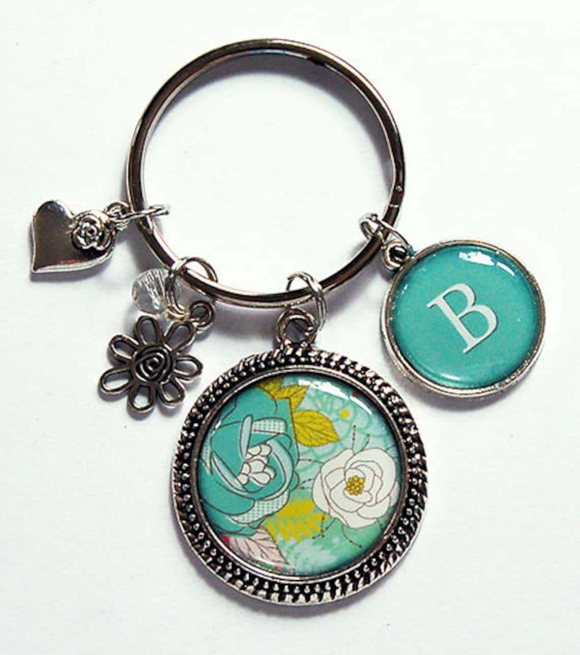 Rose Flower Keychain Monogram Key Ring Initial Keychain | Etsy