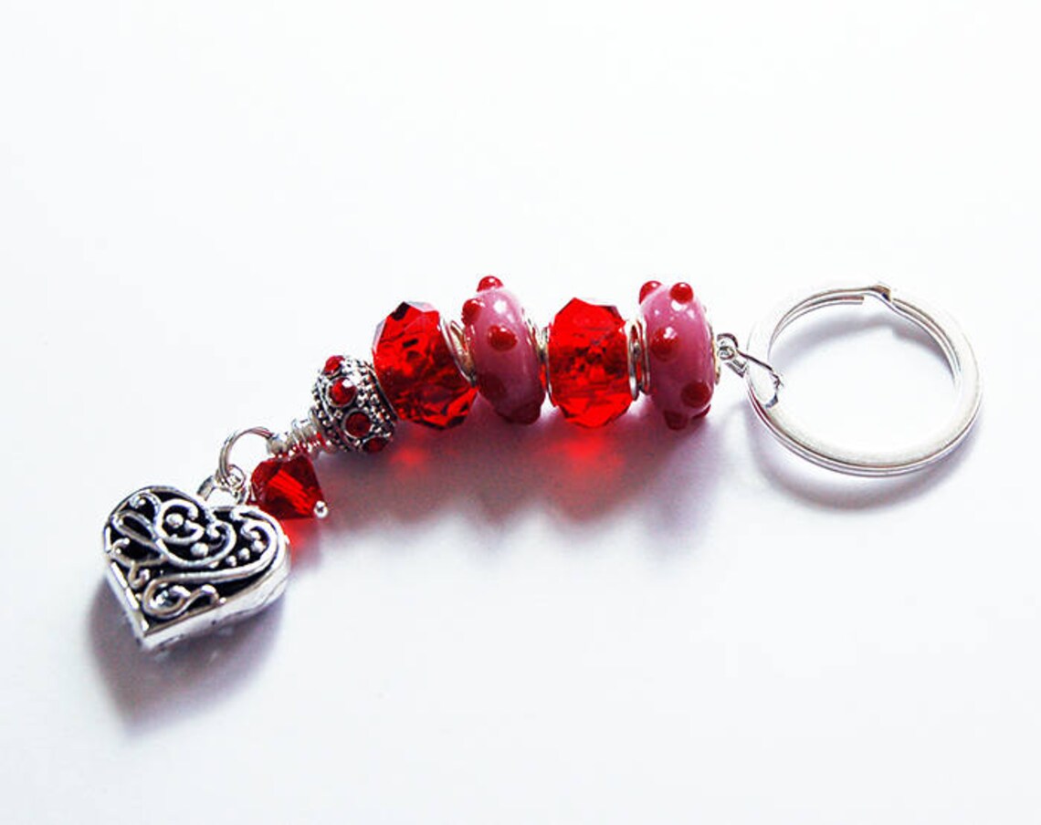 Red Heart Keychain Keyring With Beads Red Pink Cute - Etsy