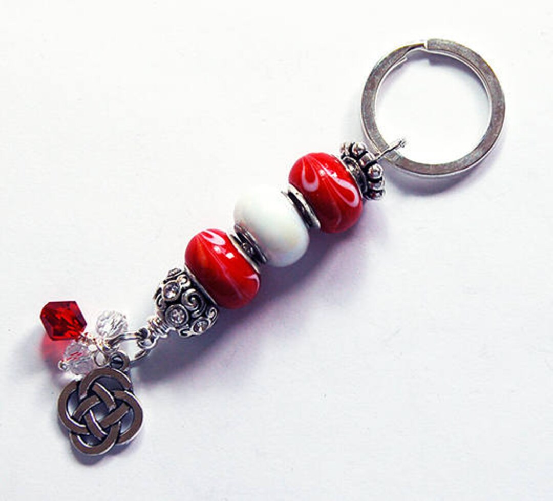 Red White Keychain, Glass Keyring, Lampwork Beads, Red White Keyring ...