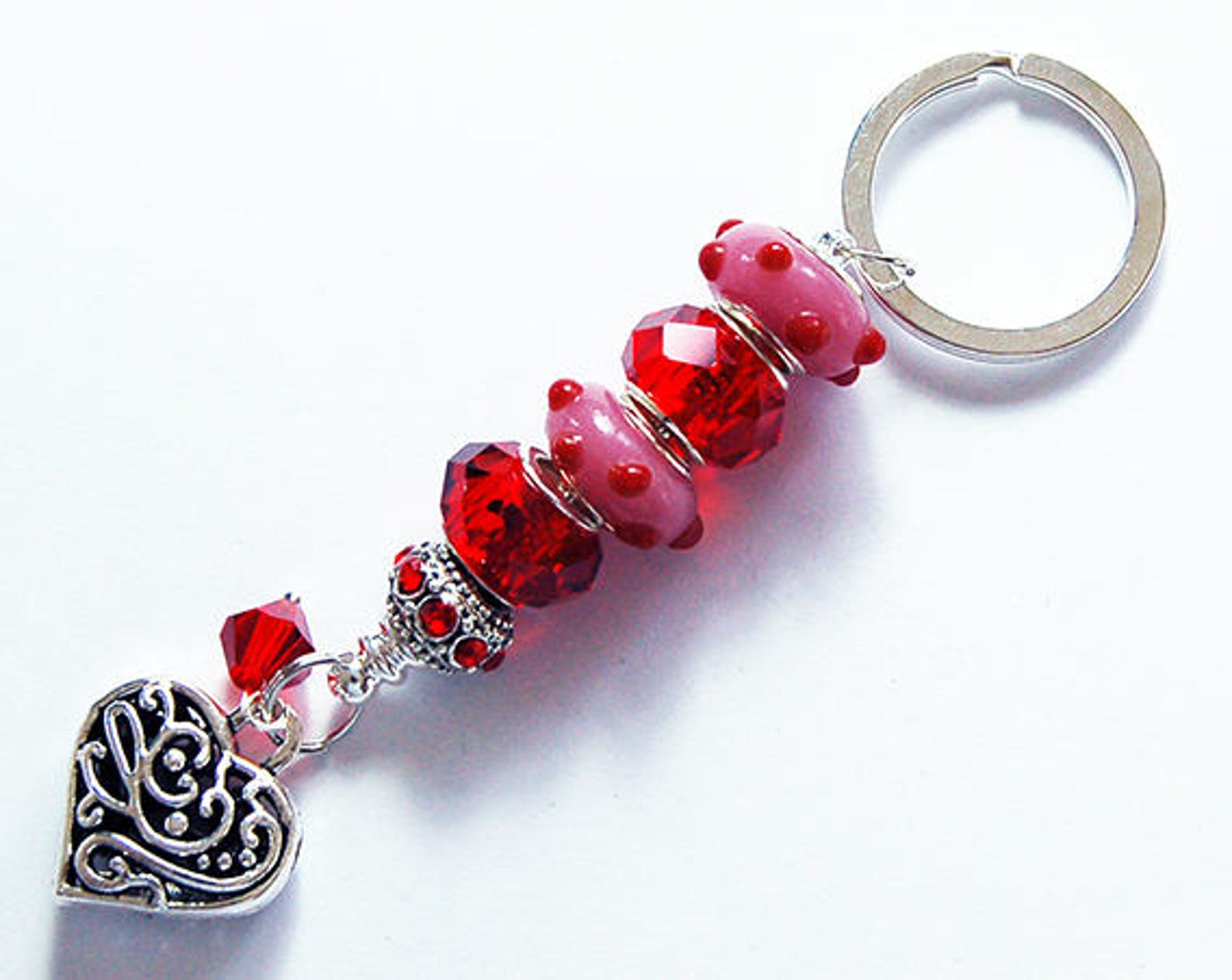 Red Heart Keychain Keyring With Beads Red Pink Cute - Etsy