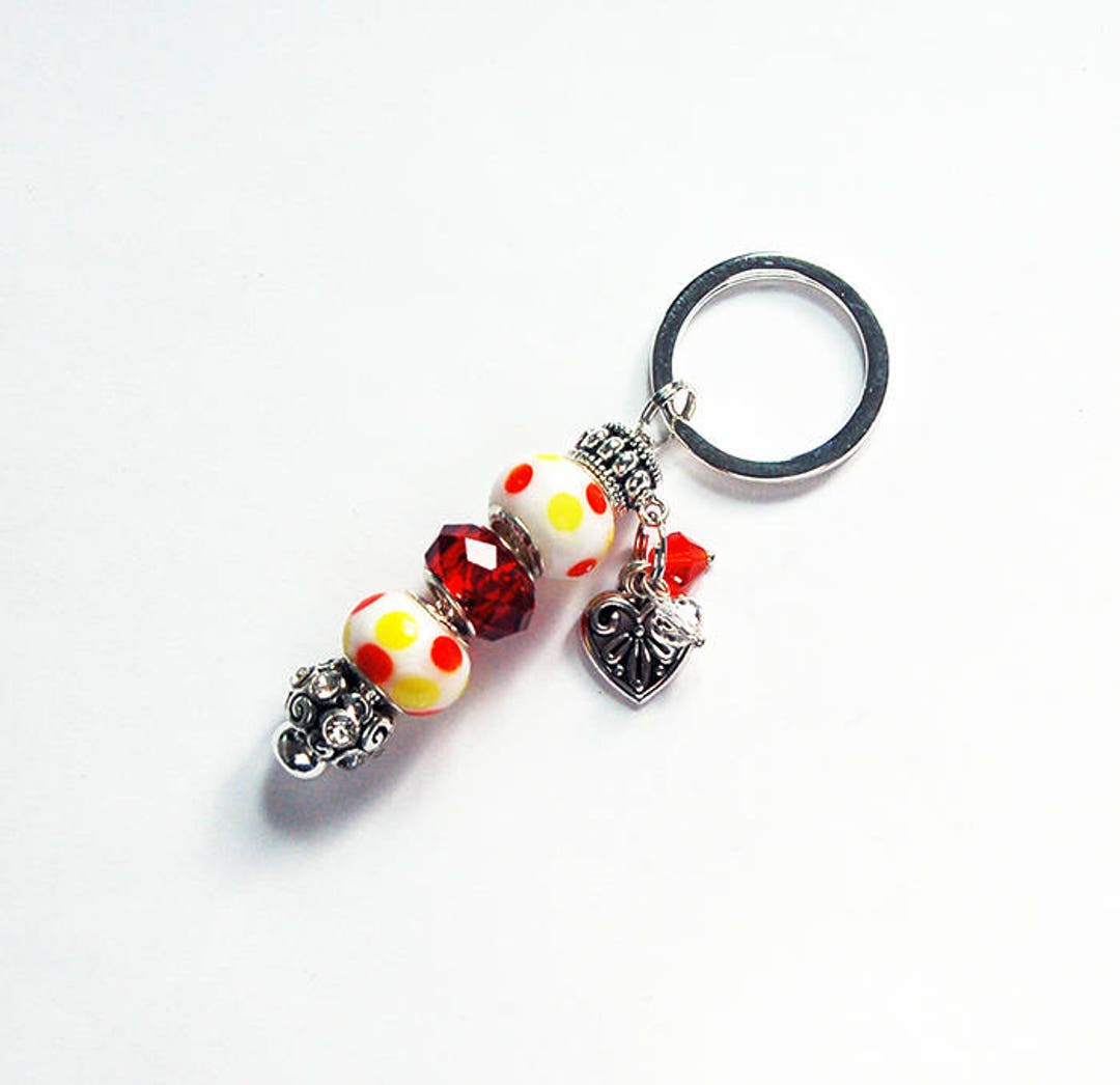Polka Dot Keychain, Lampwork Bead Keychain, Red Yellow Dots, Cute ...