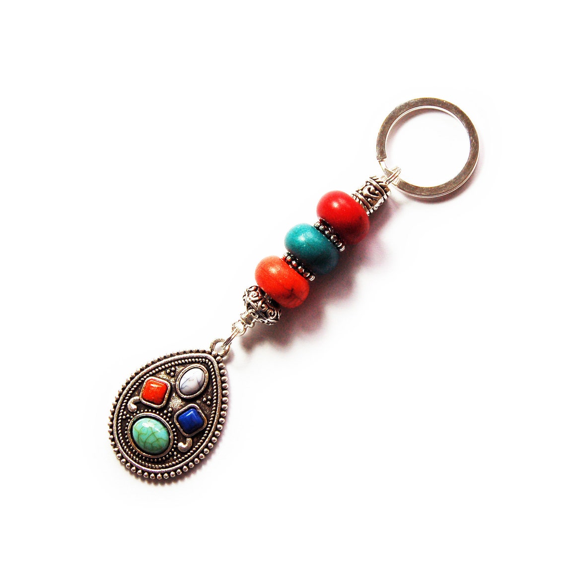 Tibetan Silver Style Beaded Keychain Faux Stone Bead Keyring - Etsy