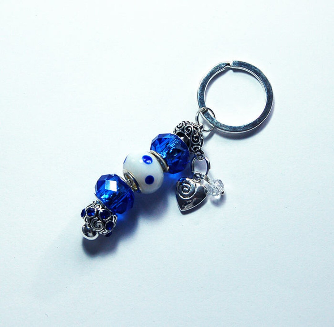 Blue White Keychain, Keychain With Charms, Polka Dot Keychain, Cute ...