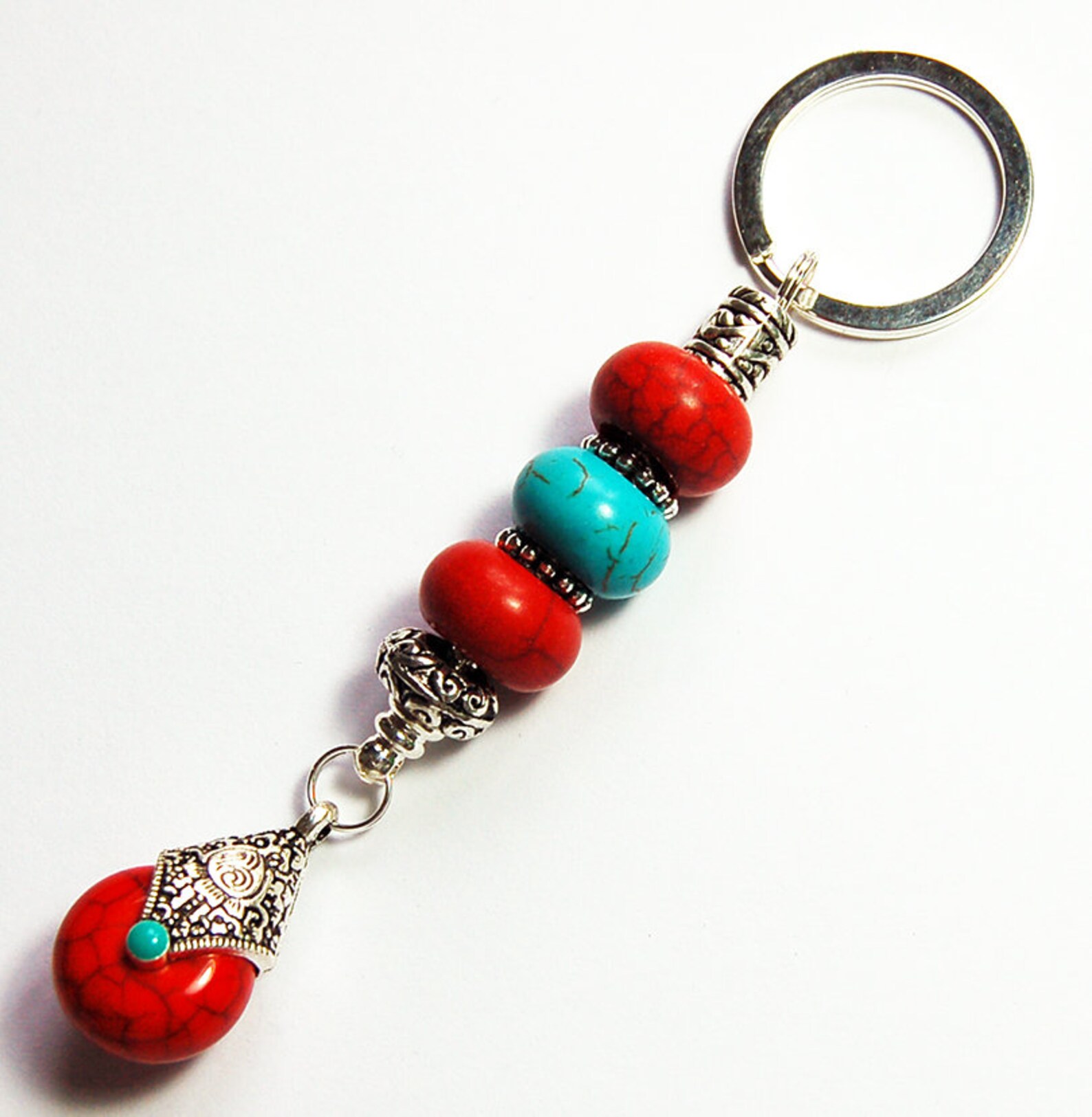 Red and Turquoise Blue Beaded Keychain Tibetan Silver Style - Etsy