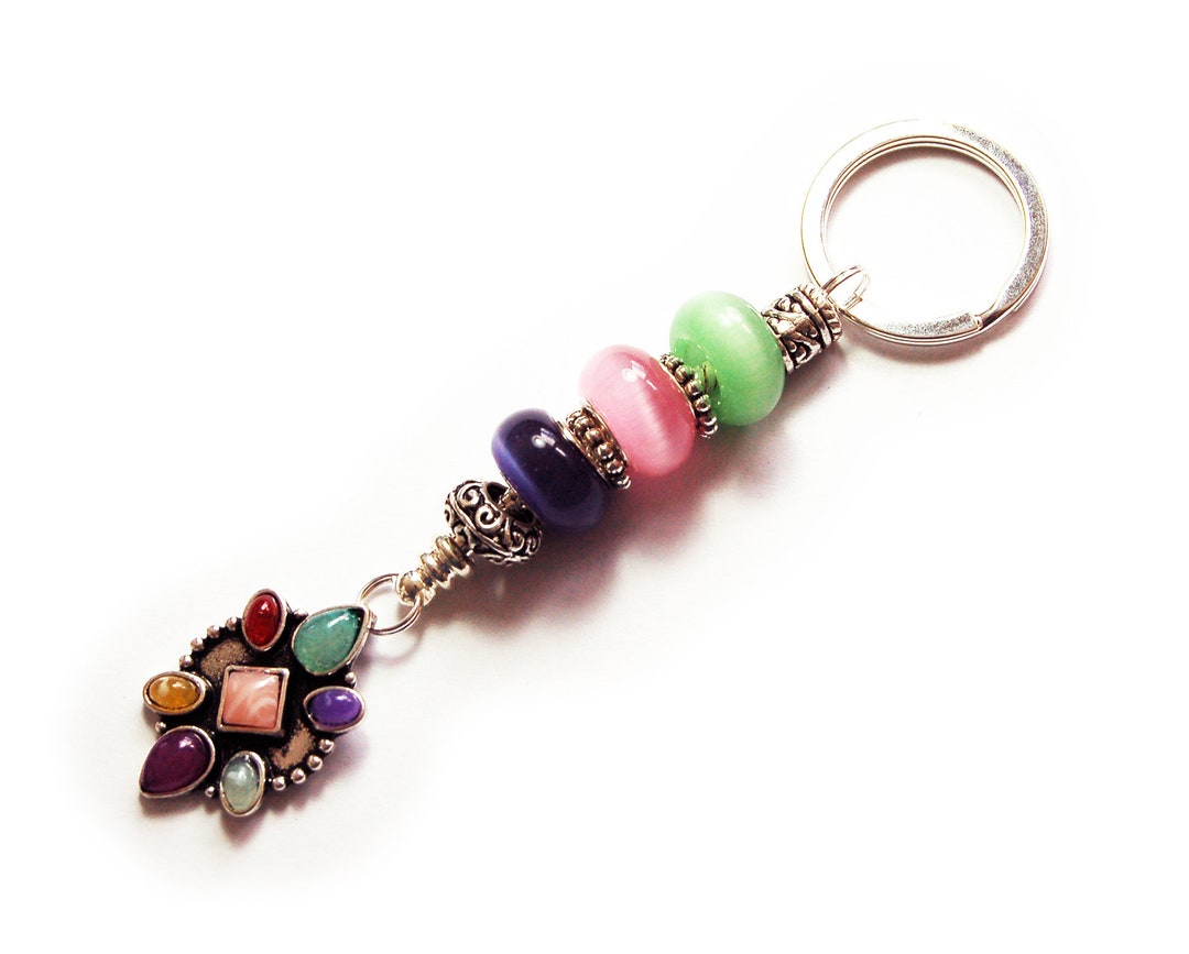 Glass Beaded Keyring in Purple Pink and Green, Glass Bead Keychain ...