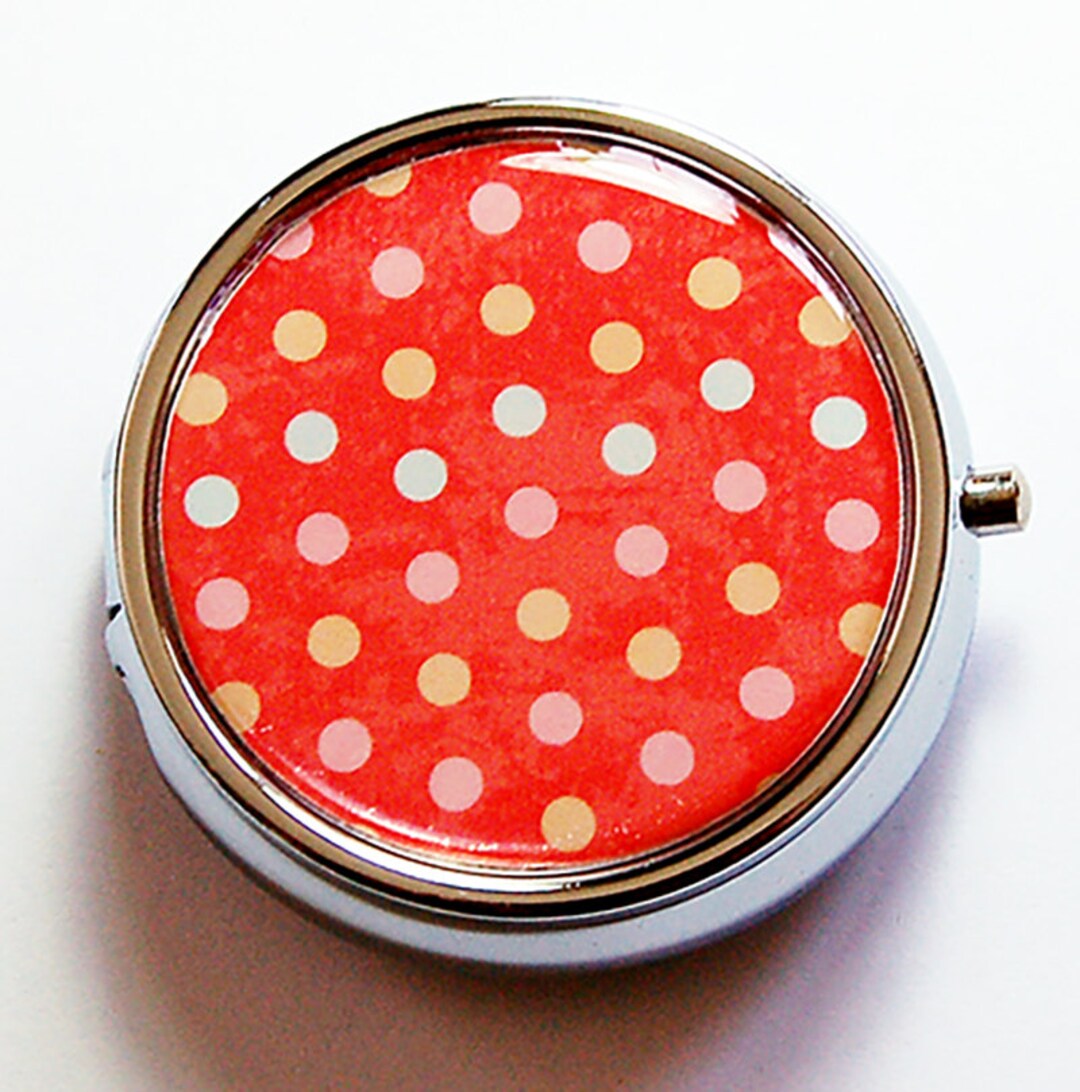 Orange Polka Dot Round Pill Case, Round Pill Container, Small Pill Box ...