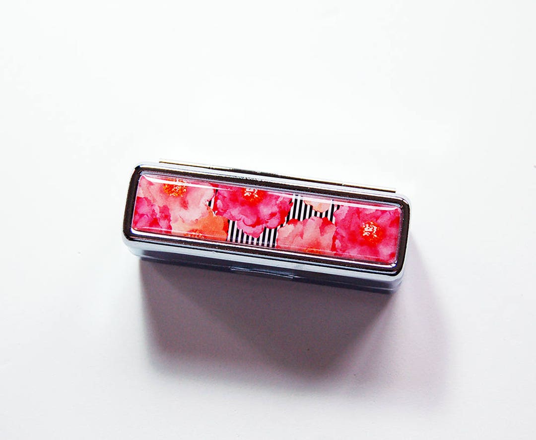 Pink Flower Case, Lipstick Case With Mirror, Pink Orange Lipstick Case ...