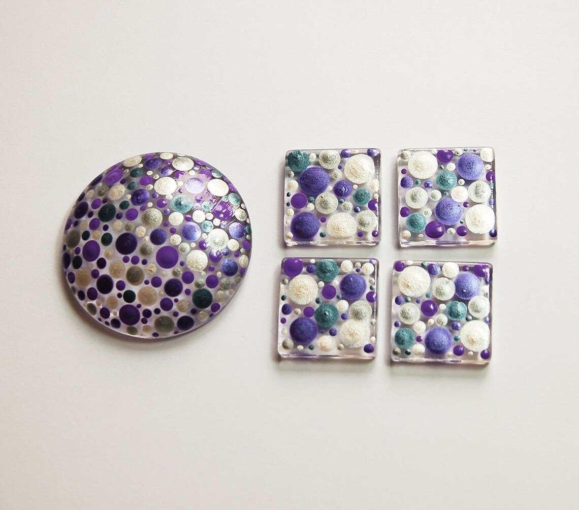Abstract Art Glass Paperweight and Magnet Set, Hand Painted in Purple ...