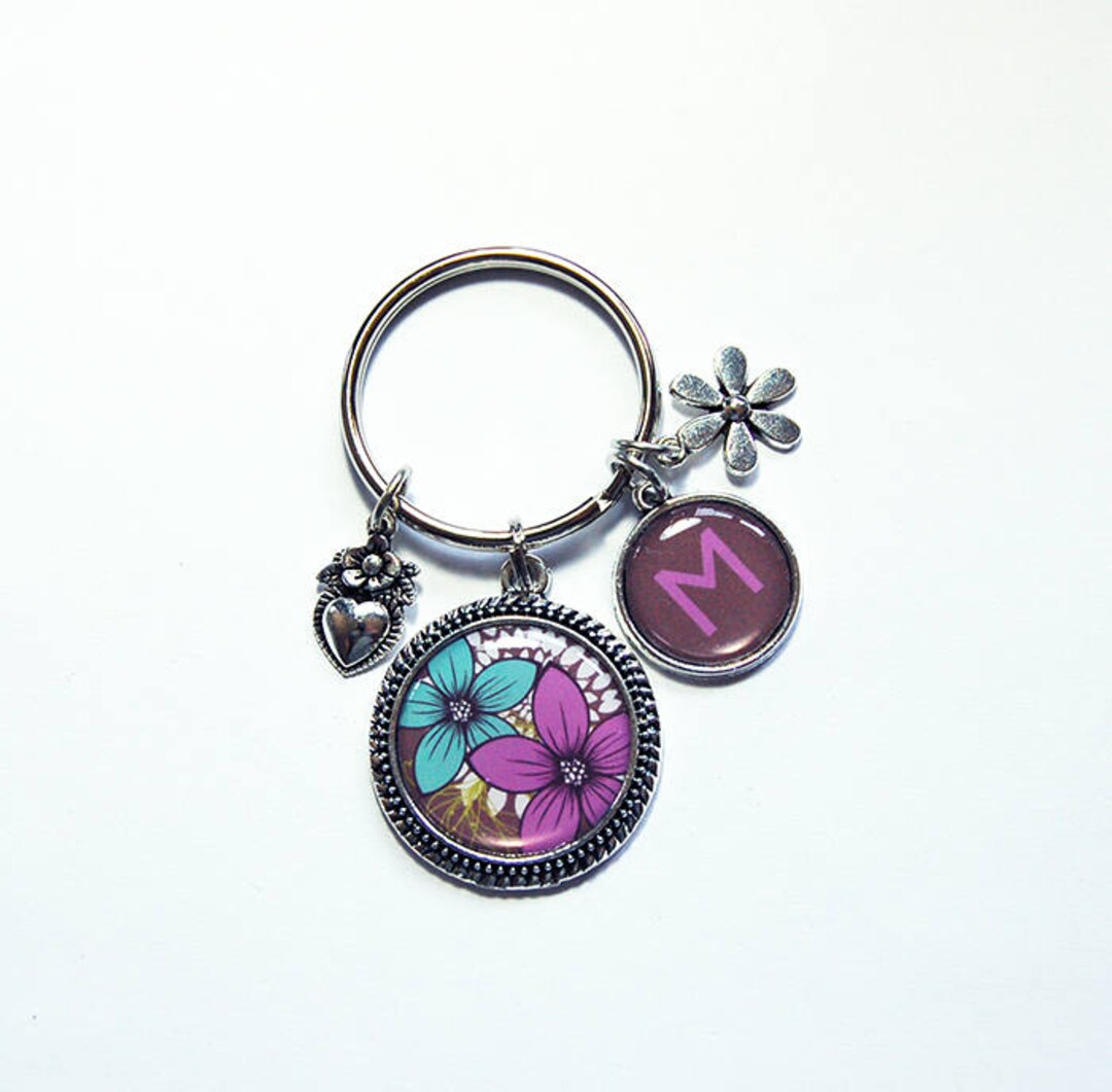 Monogram Key Ring Flower Keychain Initial Keychain Floral - Etsy