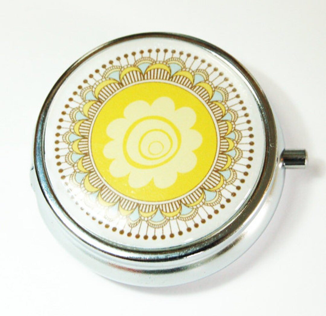 Yellow Flower Pill Box, Round Pill Case for Purse, Travel Pill ...