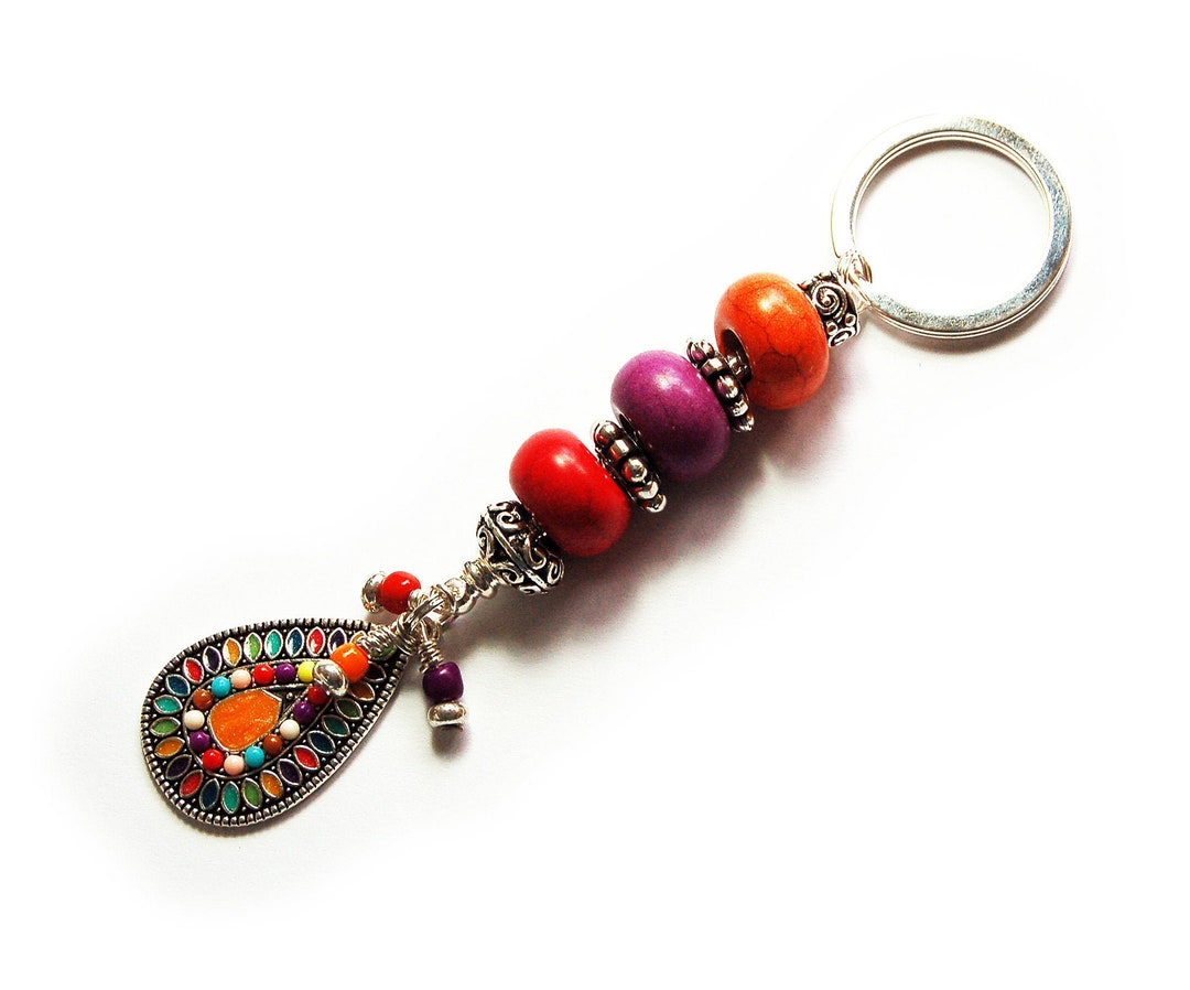 Multi-colored Beaded Keyring, Brightly Colored Stone Bead Keychain ...