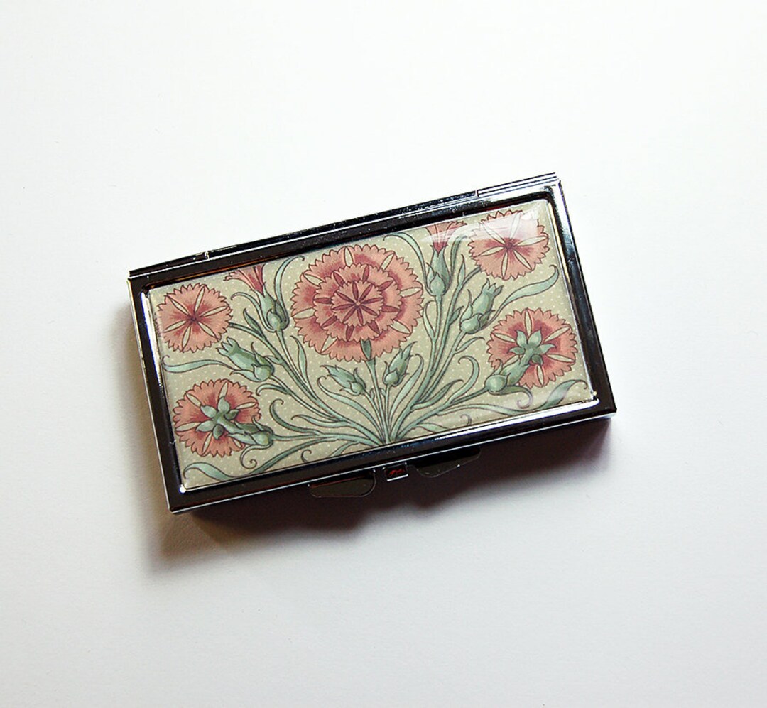 Vintage Pattern on a 7 Day Pill Box in Green and Dusty Rose, Pill Case ...