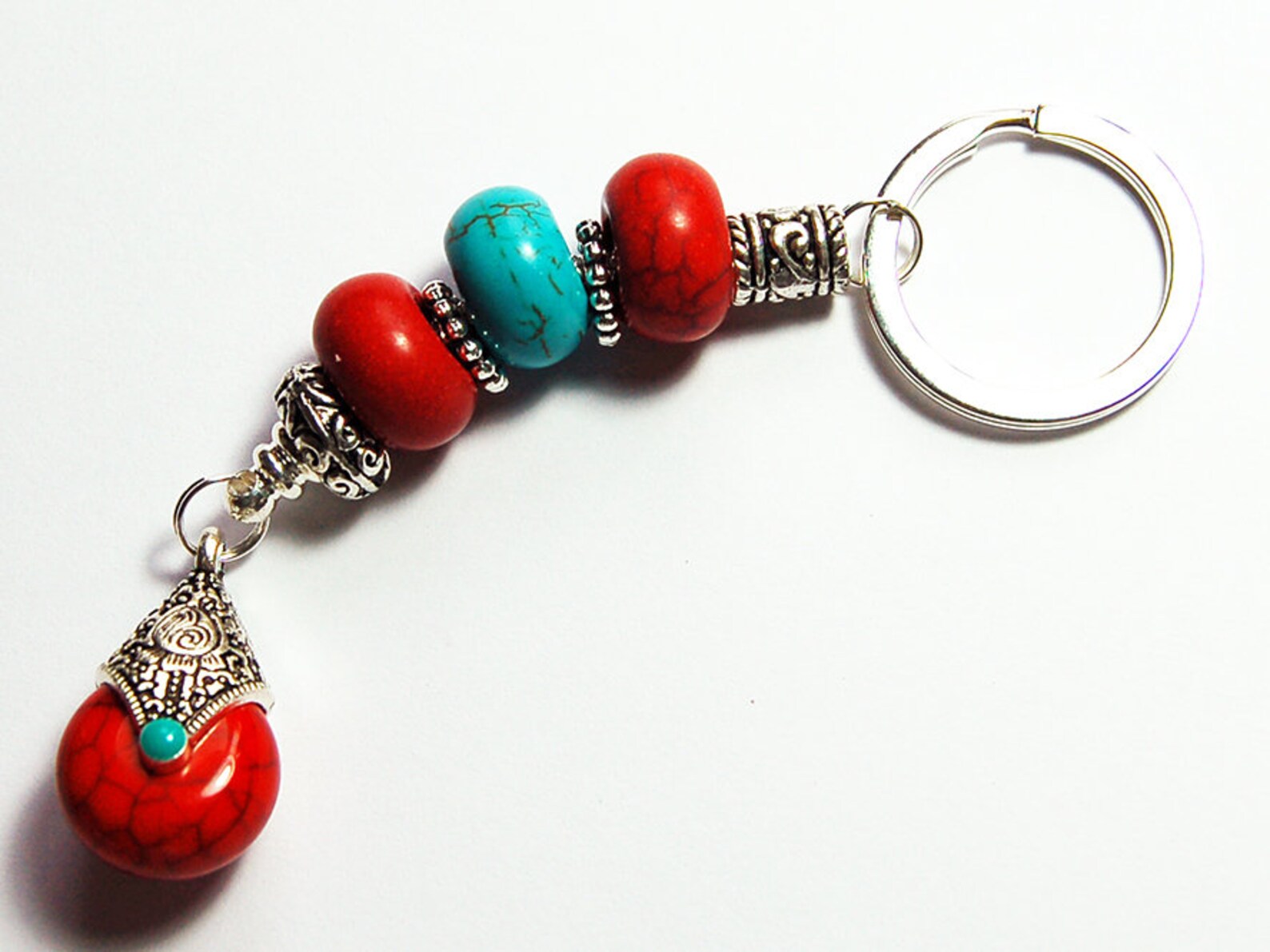 Red and Turquoise Blue Beaded Keychain Tibetan Silver Style - Etsy