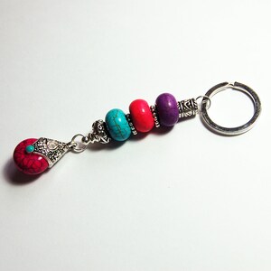Pink Blue Purple Beaded Keychain, Tibetan Silver Style, Stone Bead ...