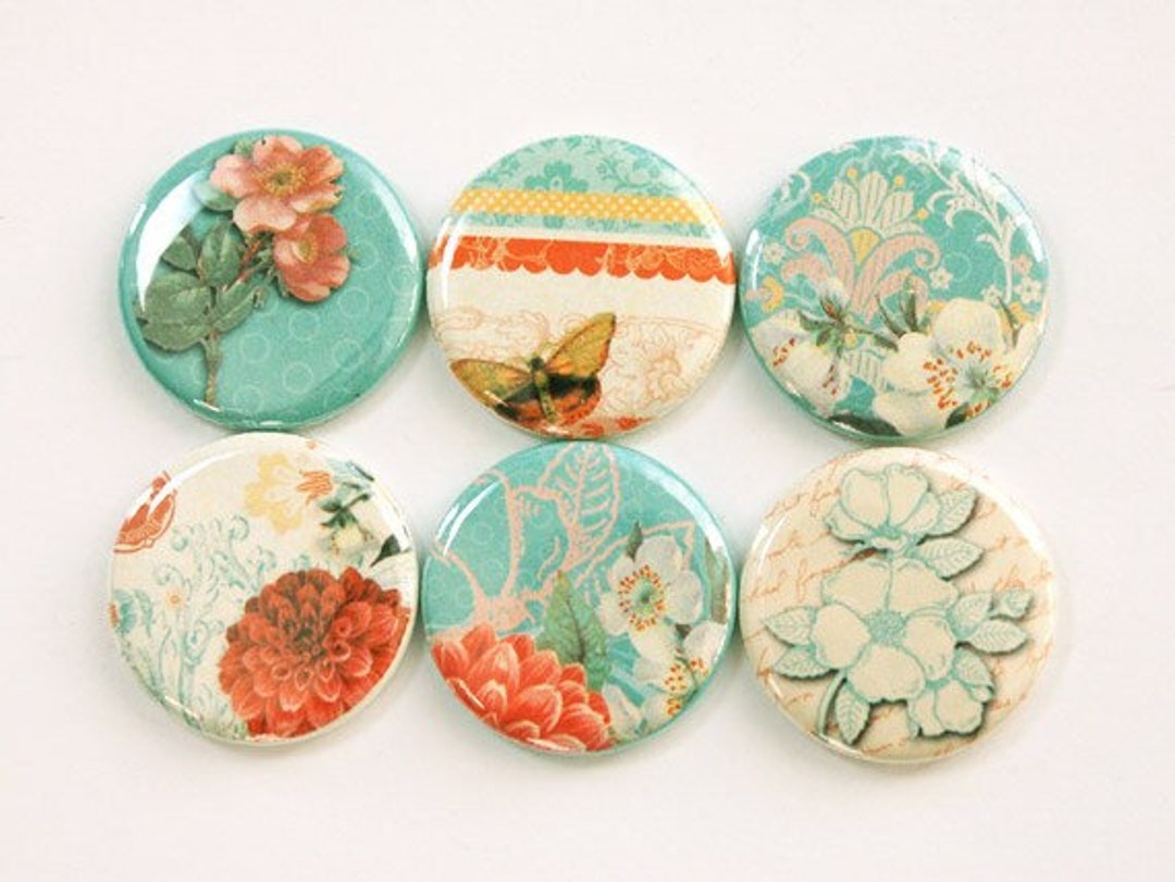 Flower Magnets, Turquoise, Orange, Floral Magnets, Nature Magnets ...