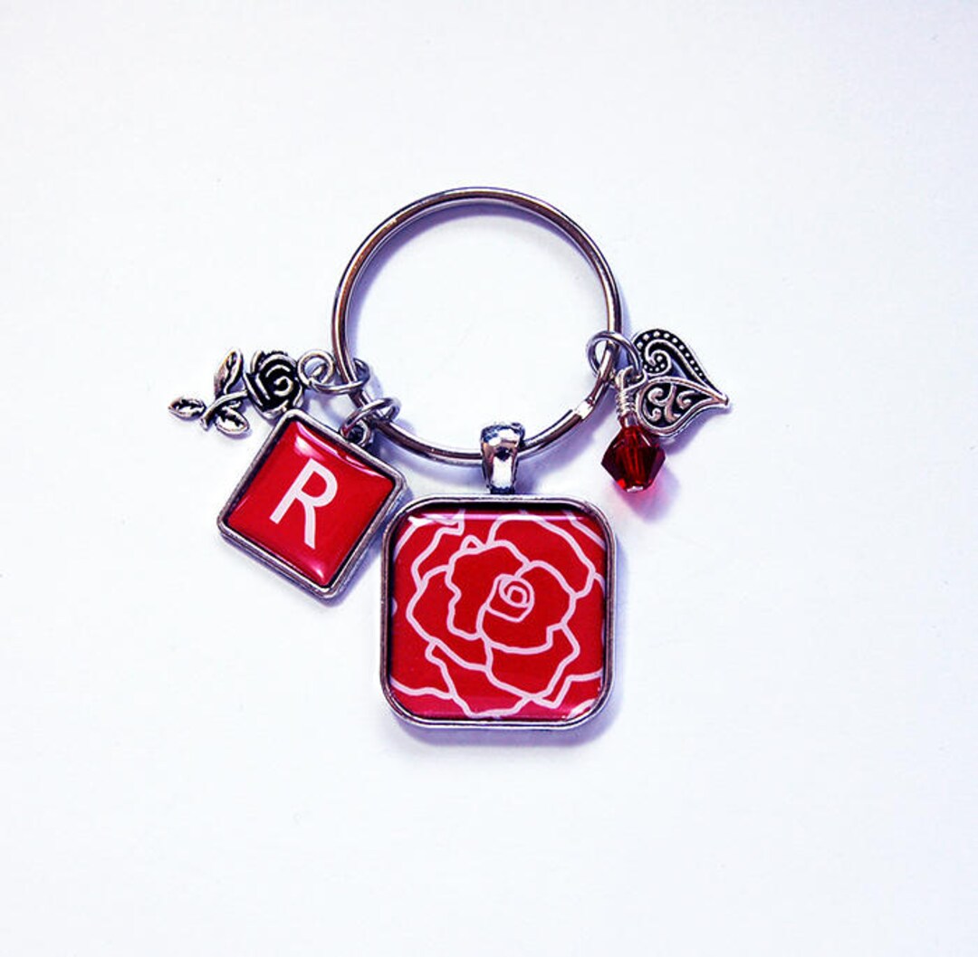 Rose Keychain, Red Rose, Keychain for Women, Cute Keychain, Monogram ...