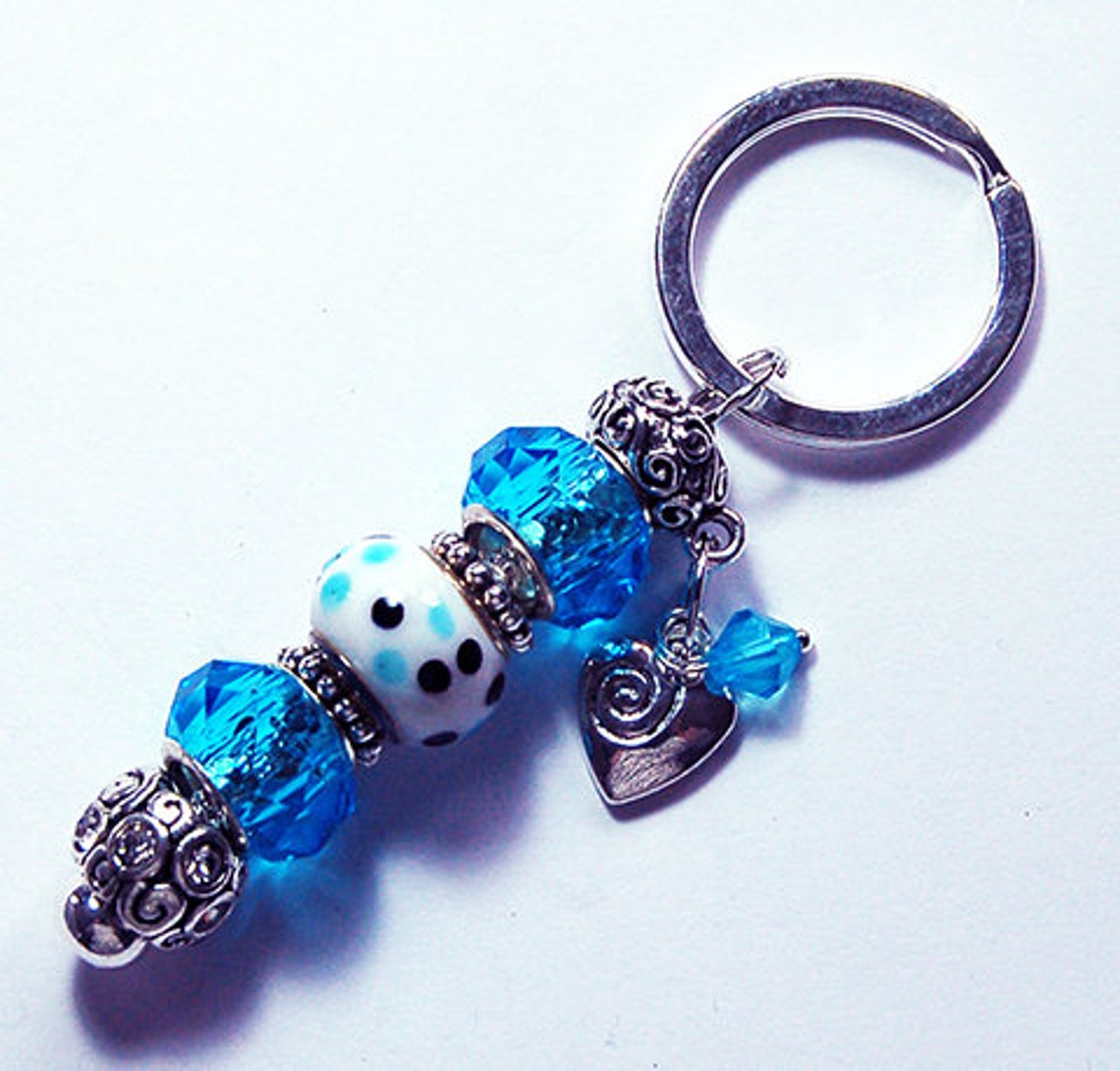 Blue White Keychain Polka Dot Keychain Cute Keyring - Etsy