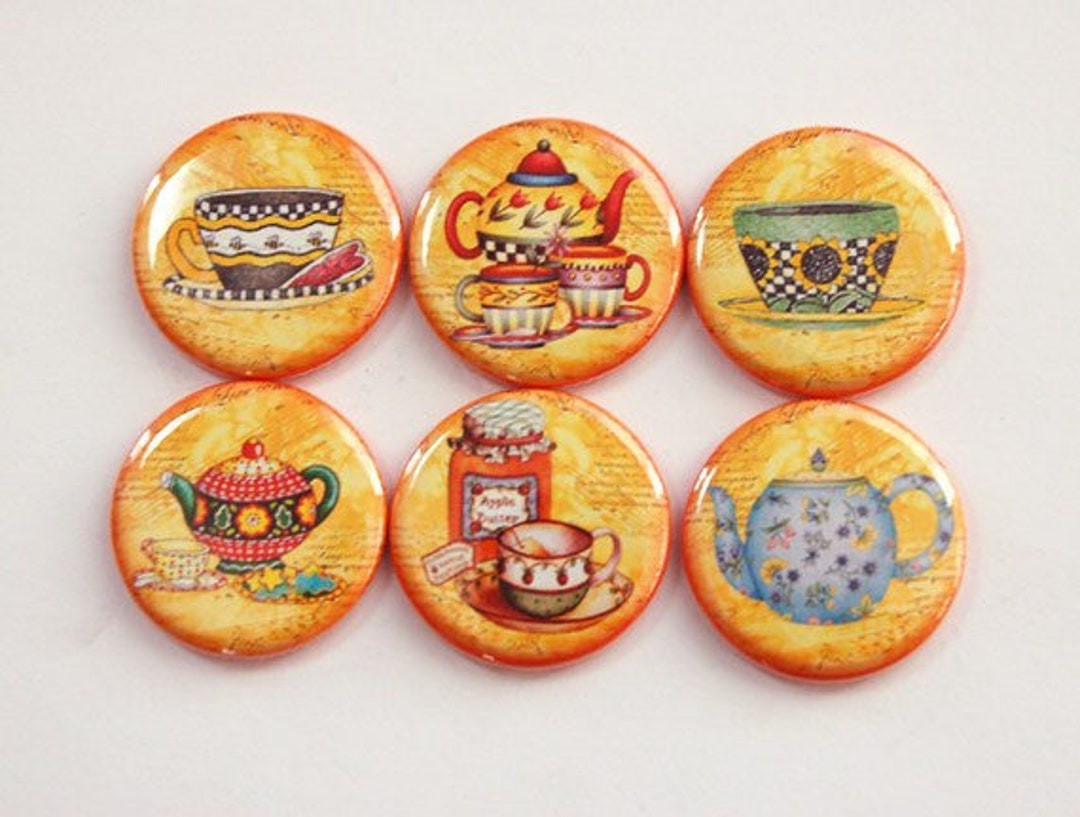 Tea Time, Tea Magnets, Teapot, Button Magnets, Kitchen Magnets, Orange ...