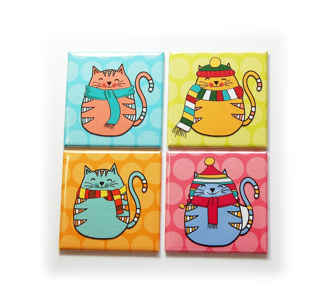 Winter Cat Set of Four Magnets, Cute Cat Magnet Illustrations 10078 - Etsy