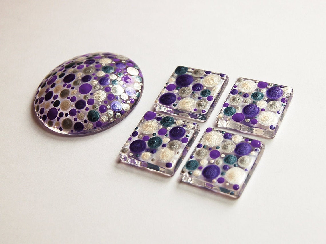Abstract Art Glass Paperweight and Magnet Set, Hand Painted in Purple ...