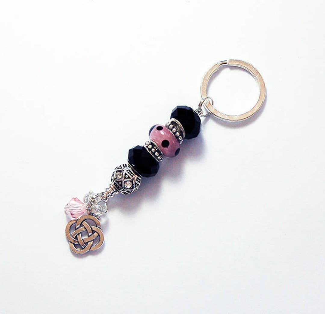Pink Black Beaded Keychain, Glass Bead Keyring, Keychain for Her ...