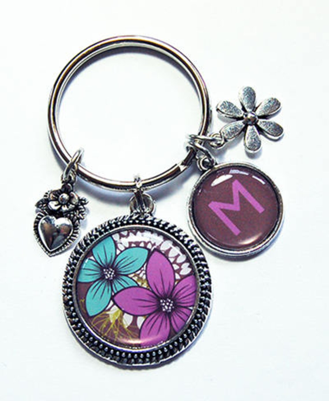 Monogram Key Ring Flower Keychain Initial Keychain Floral - Etsy