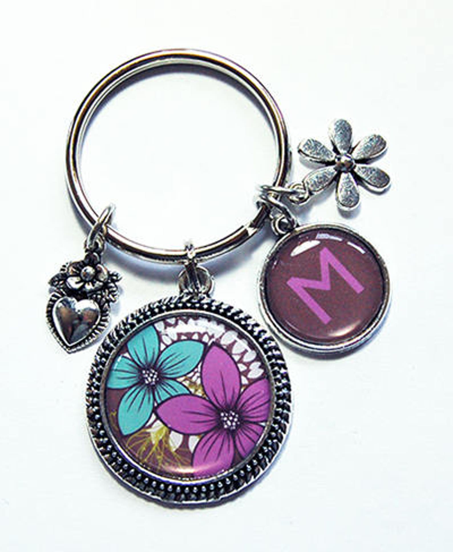 Monogram Key Ring Flower Keychain Initial Keychain Floral - Etsy