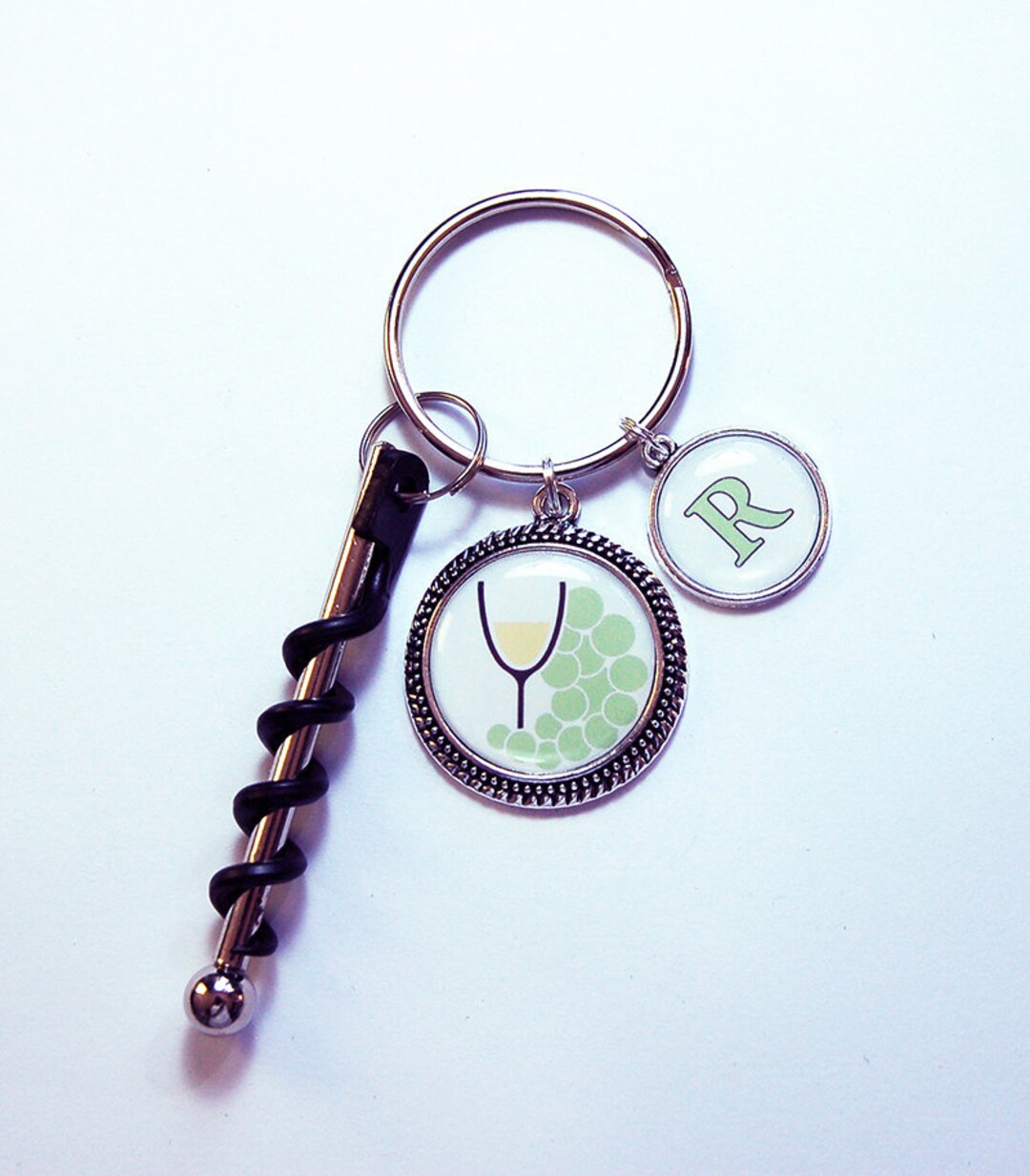 White Wine Corkscrew Keyring, Monogram Keychain, Oenophile, Wine Lover ...