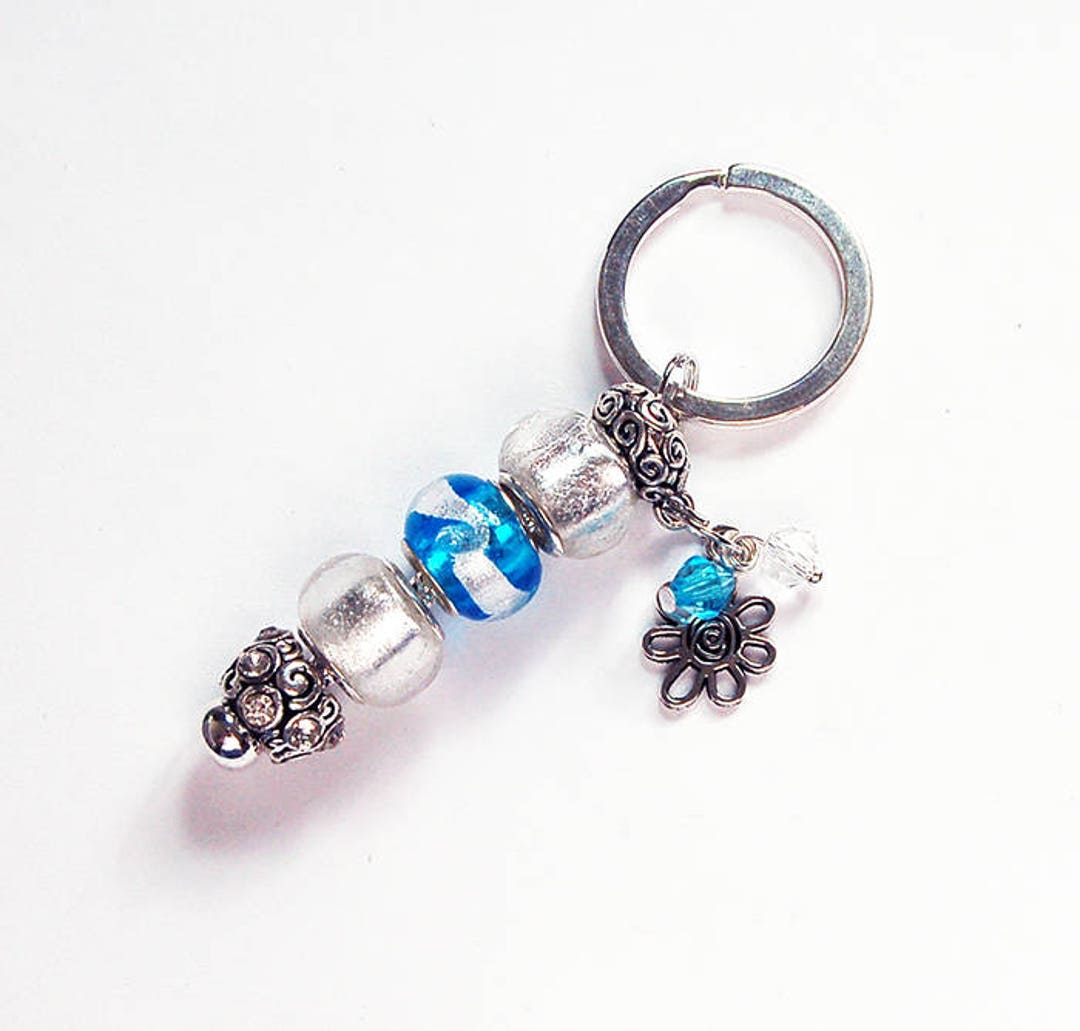 Blue White Keychain, Keychain for Women, Foil Lampwork Beads, Stocking ...