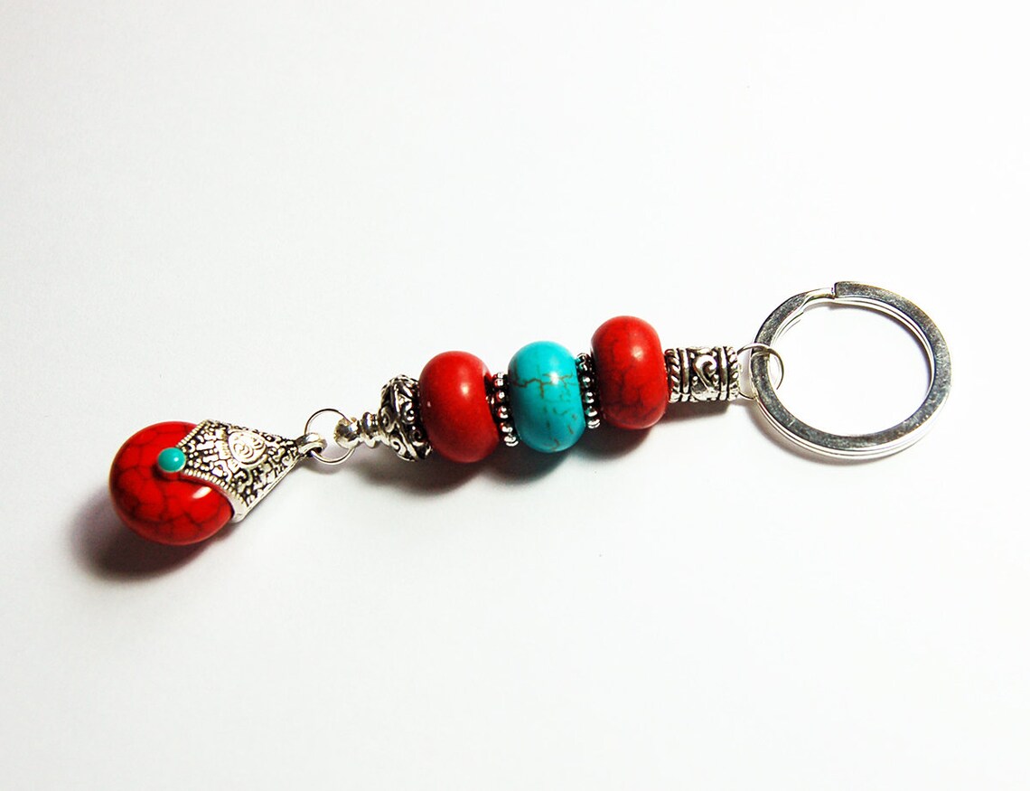Red and Turquoise Blue Beaded Keychain Tibetan Silver Style - Etsy