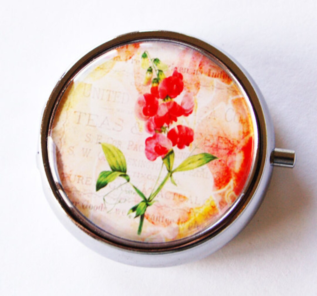 Flower Pill Case for Purse, Round Travel Pill Box With Floral Design ...